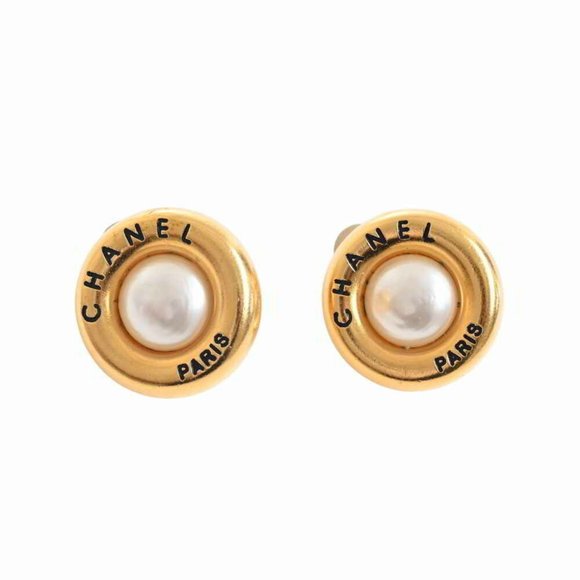 CHANEL | Jewelry | Chanel Fake Pearl Logo Earrings Gold Metal | Poshmark